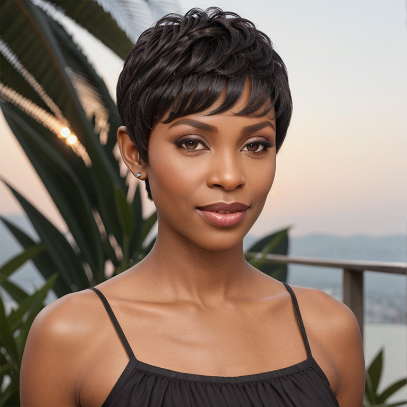 Black Natural Wave Short Pixie Cut Layered Glueless Wig Bob Human Hair – LinktoHair
