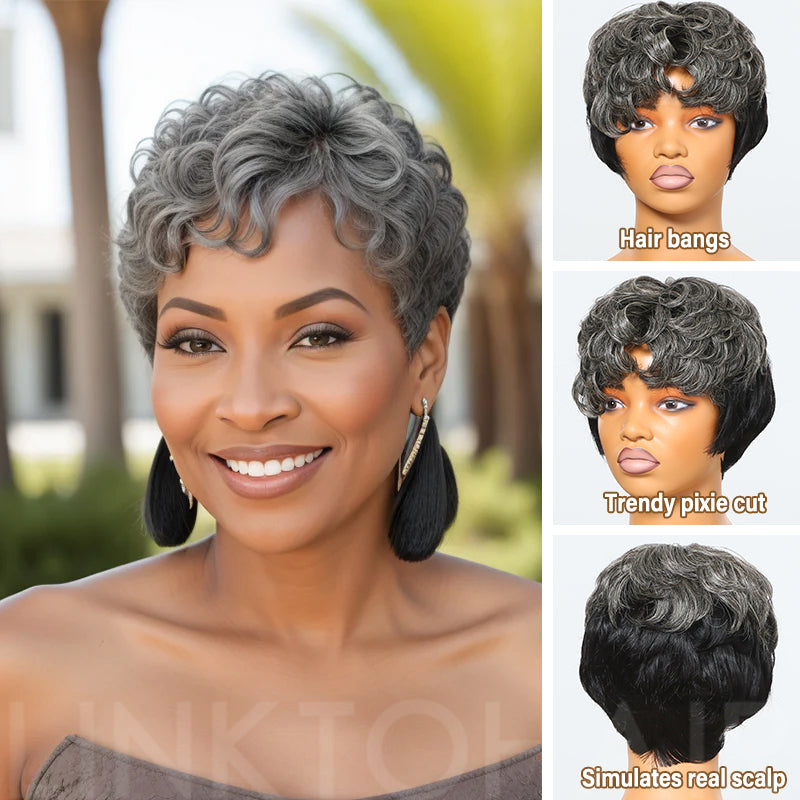 Salt & Pepper Edgy Pixie Cuts Wig With Natural Wave Bangs Glueless Hum ...