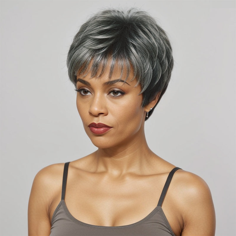Salt & Pepper Short Straight Pixie Cut with Bangs 100% Human Hair Wig ...