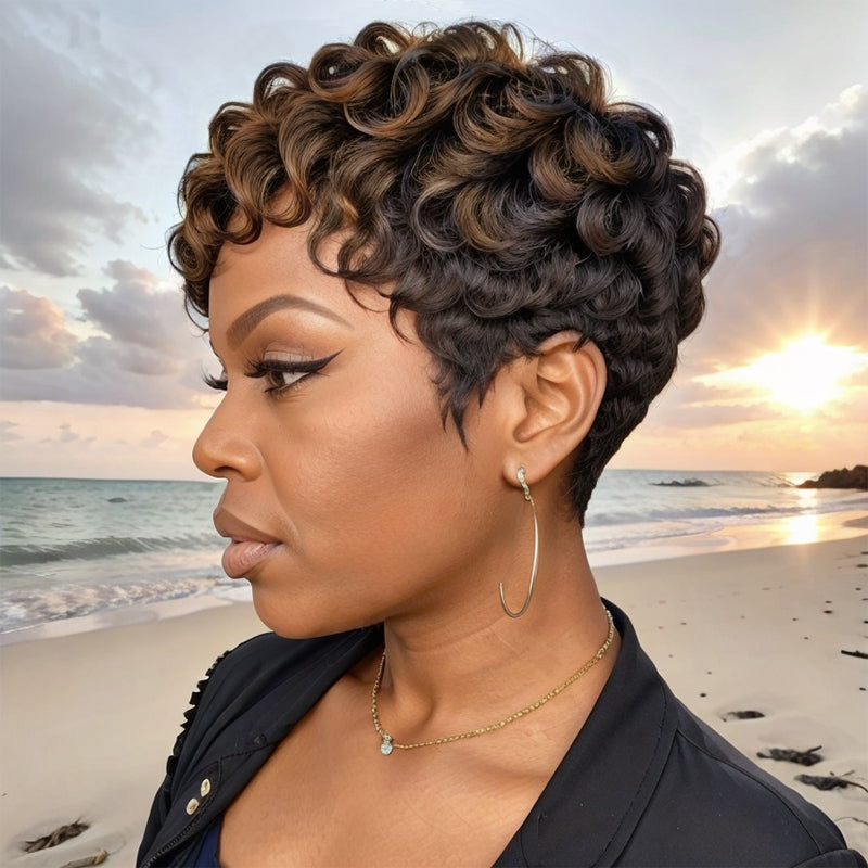 Black Mix Brown Highlight Short Deep Curly Wave Pixie Cut Wigs Human H ...