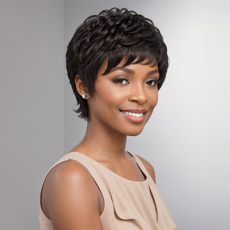 Black Natural Wave Short Pixie Cut Layered Glueless Wig Bob Human Hair ...