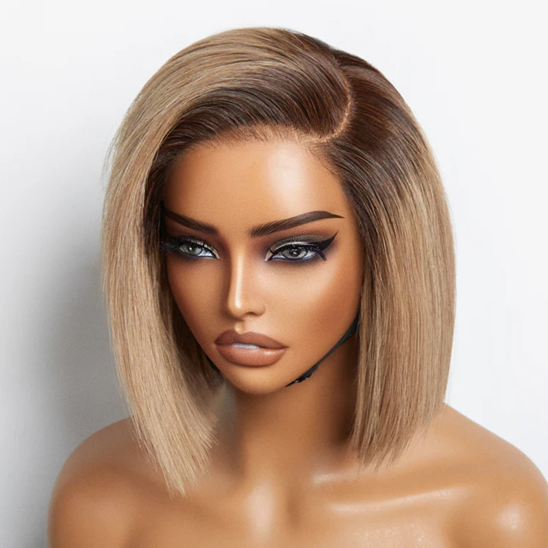 Glueless 5x5 Closure Lace Wig Short Bob Ash Blonde Ombre Blunt Cut Bob ...