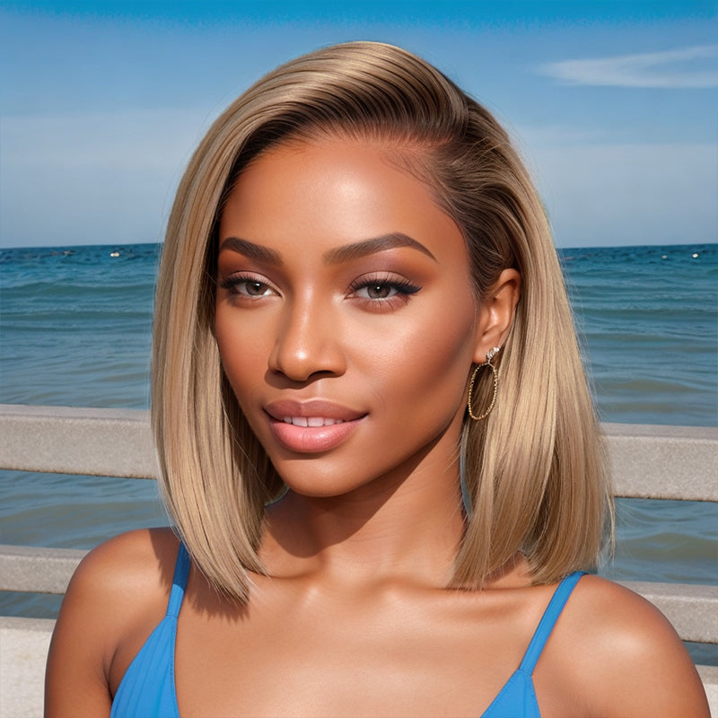 Glueless 5x5 Closure Lace Wig Short Bob Ash Blonde Ombre Blunt Cut Bob ...