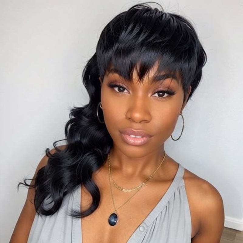 LinktoHair Glueless Pixie Cut Wavy Human Hair Layered Mullet Wig with