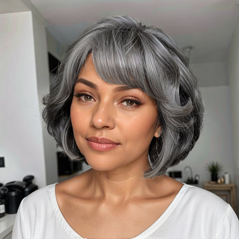 Glueless Salt And Pepper Loose Wave Bob Wig With Bangs For Black Women ...