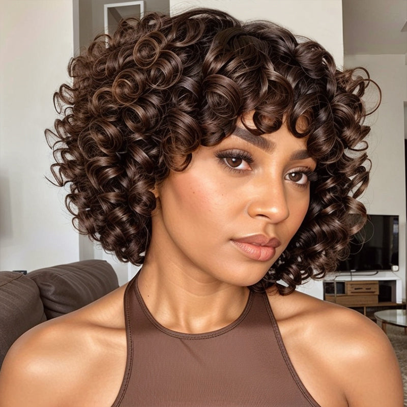 Glueless Short Bob Highlight 4/27 Color Loose Curly Wig With Bangs Hum ...