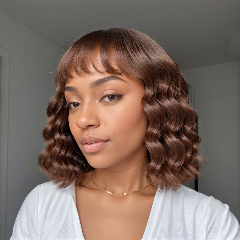 LinktoHair Body Wave Glueless Colored Bob with Bangs Wig 100% Human Ha
