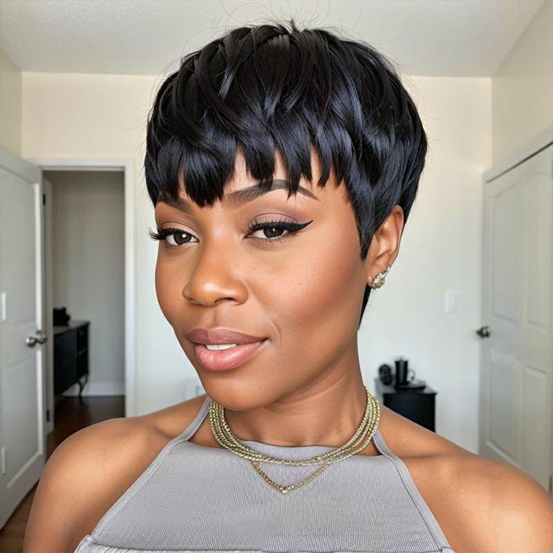 Ready-to-Wear Layered Pixie Cut Short Black Wig With Bangs 100% Virgin – LinktoHair