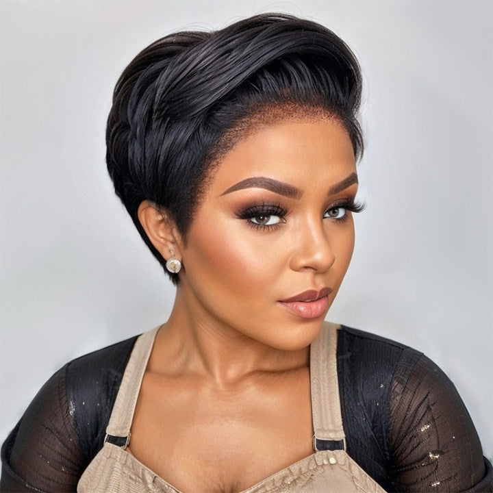 Realistic 4C Edges | Short Pixie Cut Layer Hair 13x4 Lace Frontal Wig ...