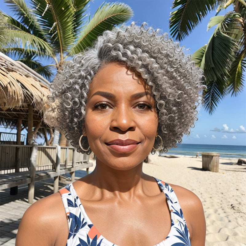 Salt And Pepper Kinky Curly Wig Side Part 5x5 Closure Pre-Cut Lace Bob ...