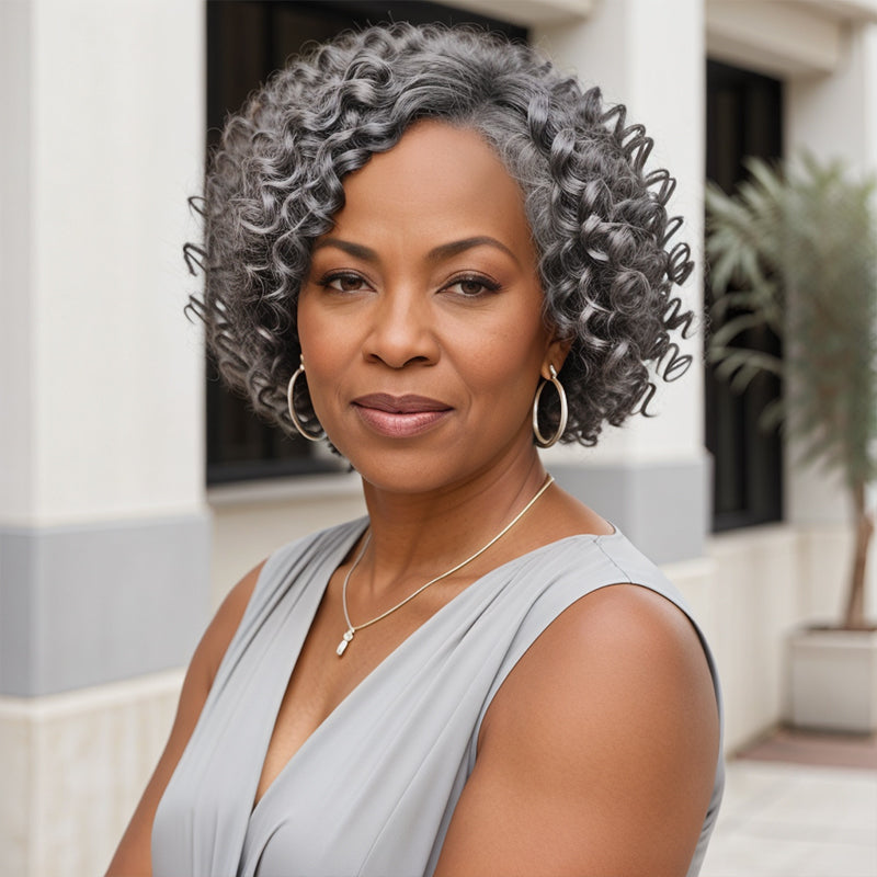 Salt And Pepper Short Bob Kinky Curly Wig Glueless 5x5 Closure Pre-cut ...