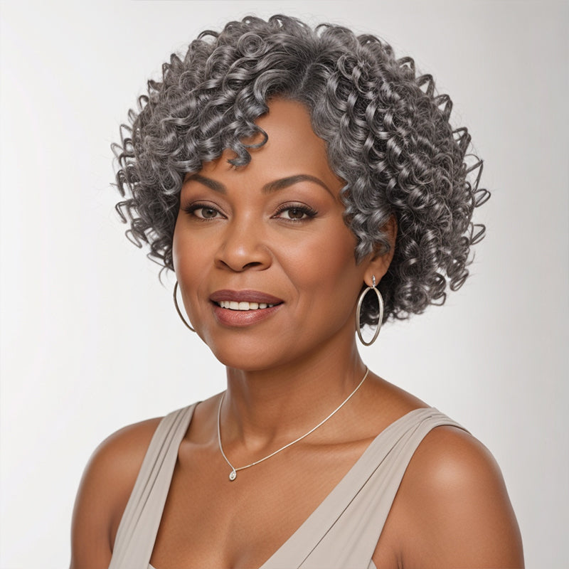Salt And Pepper Short Bob Kinky Curly Wig Glueless 5x5 Closure Pre-cut ...