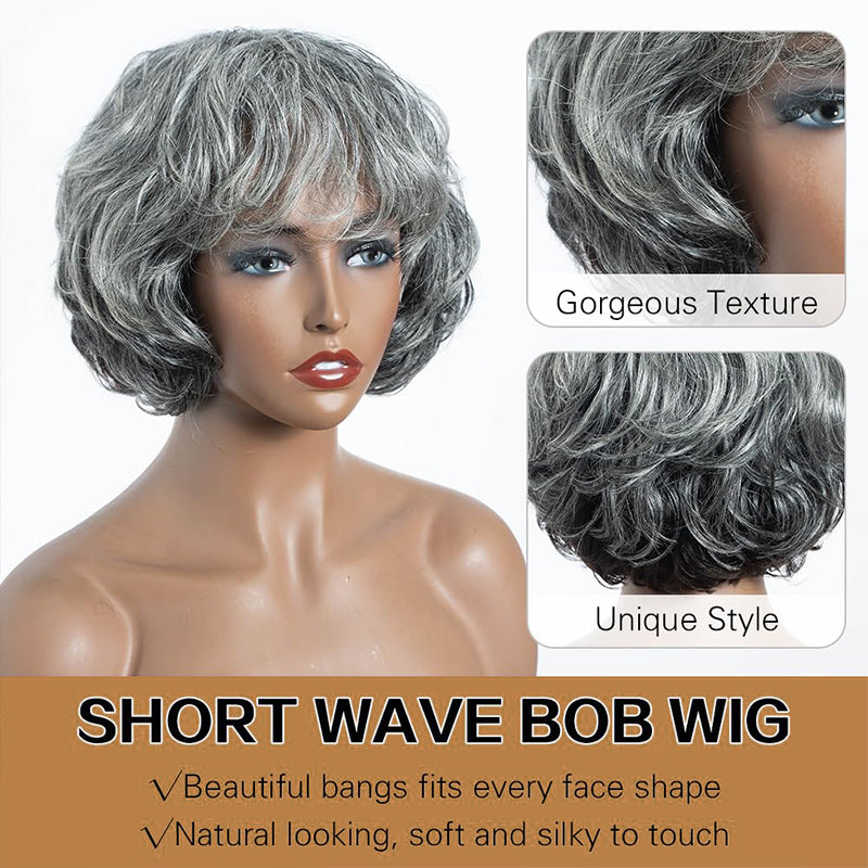 Salt And Pepper Wig/Black Mix Brown Short Natural Wave Bob Glueless Wi ...