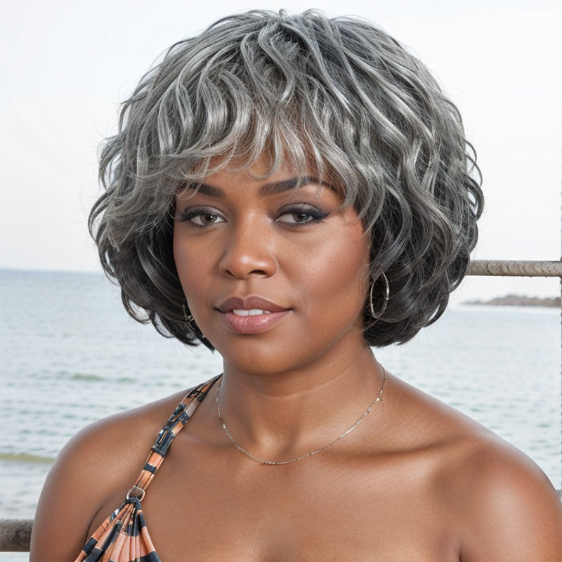 Salt And Pepper Wig/Black Mix Brown Short Natural Wave Bob Glueless Wi ...