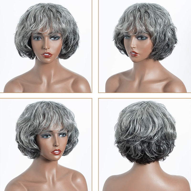 Salt And Pepper Wig/Black Mix Brown Short Natural Wave Bob Glueless Wi ...