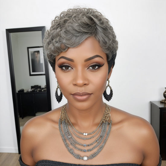 Salt & Pepper Edgy Pixie Cuts Wig With Natural Wave Bangs Glueless Hum ...