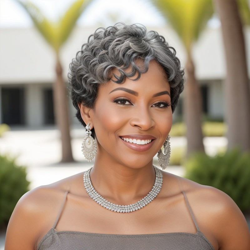 Salt & Pepper Edgy Pixie Cuts Wig With Natural Wave Bangs Glueless Hum ...