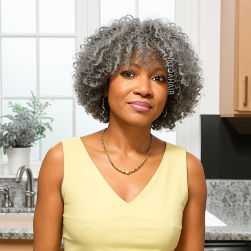 Linktohair Salt And Pepper Kinky Curly Glueless Bob Wig 100 Human Hai
