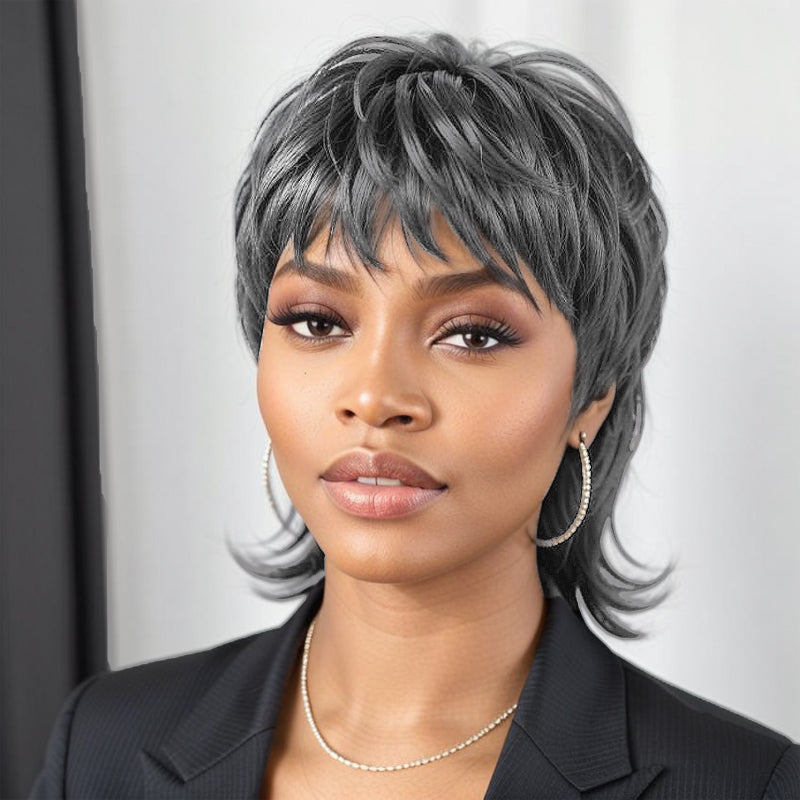 Salt & Pepper Mullet Wig Put on and Go Shaggy Layered 80s Short Pixie ...