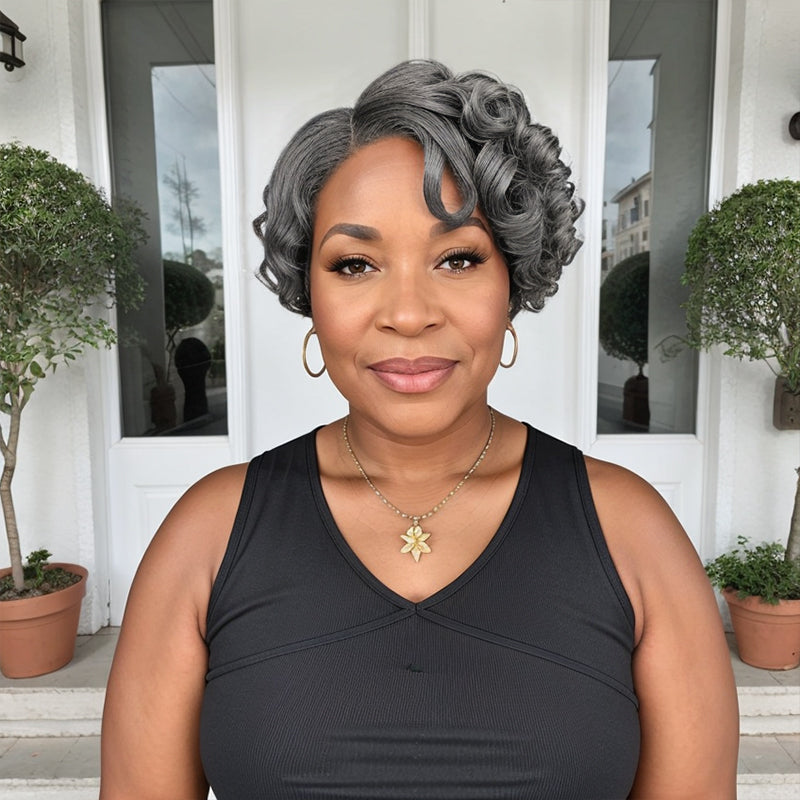 Salt & Pepper Short Wavy 5x5 Closure Lace Side Part Bob Glueless Human ...