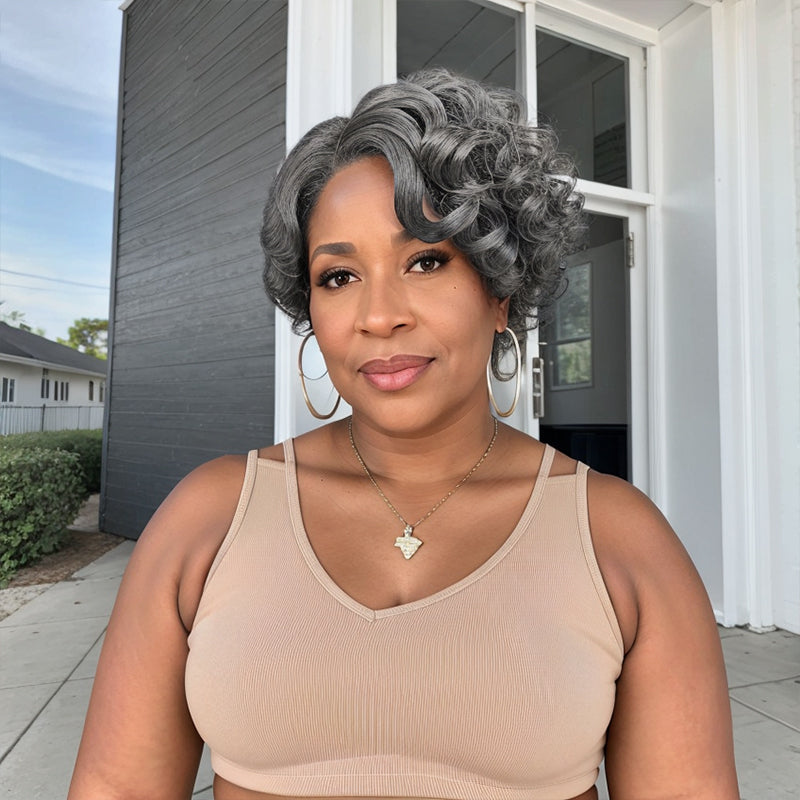 Salt & Pepper Short Wavy 5x5 Closure Lace Side Part Bob Glueless Human ...