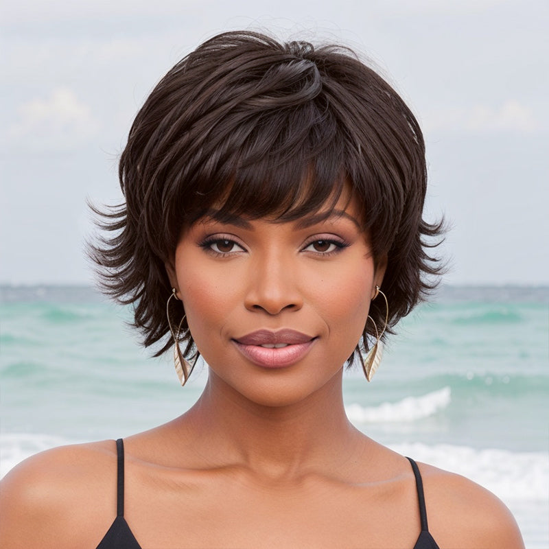 Short Black Wig Layered Pixie Cut Bob Wigs With Bangs 100% Human Hair ...