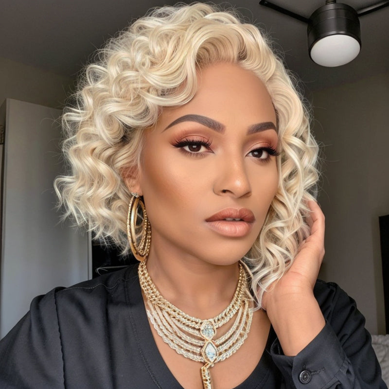 Short Wavy Human Hair Wigs #613 Blonde Lace Front Bob Wigs – LinktoHair