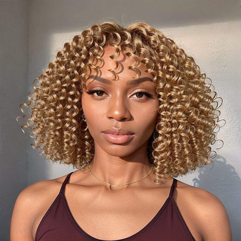 Sunny Blonde Short Cut Bob Wig Deep Wave Glueless Wigs With Bangs 100% ...