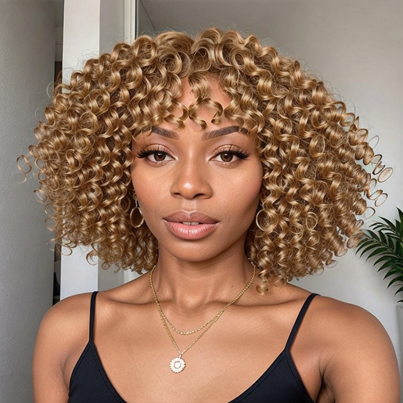 Sunny Blonde Short Cut Bob Wig Deep Wave Glueless Wigs With Bangs 100% ...