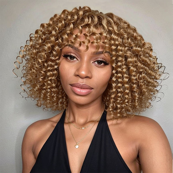 Sunny Blonde Short Cut Bob Wig Deep Wave Glueless Wigs With Bangs 100% ...