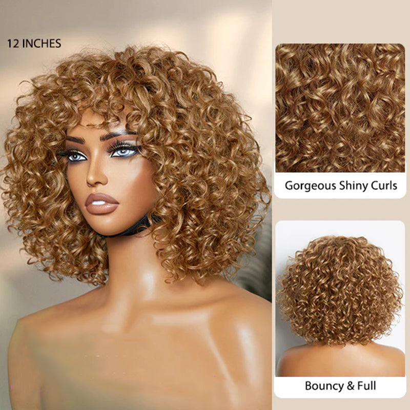 Sunny Blonde Short Cut Bob Wig Deep Wave Glueless Wigs With Bangs 100% ...