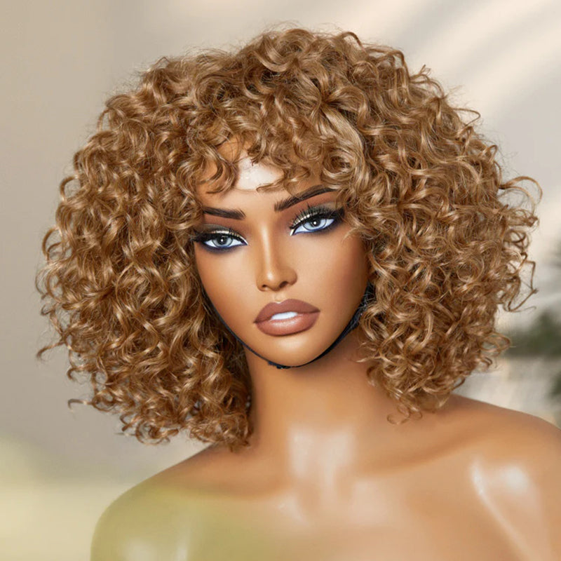 Sunny Blonde Short Cut Bob Wig Deep Wave Glueless Wigs With Bangs 100% ...