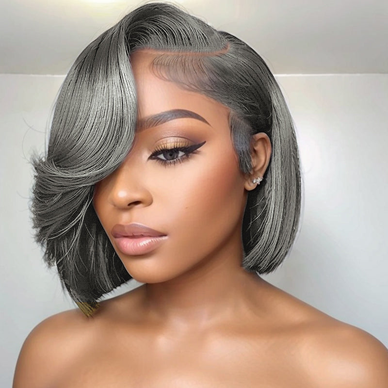 Trendy Design| Salt and Pepper Grey Glueless Wavy Bob 5x5 HD Lace Fron ...