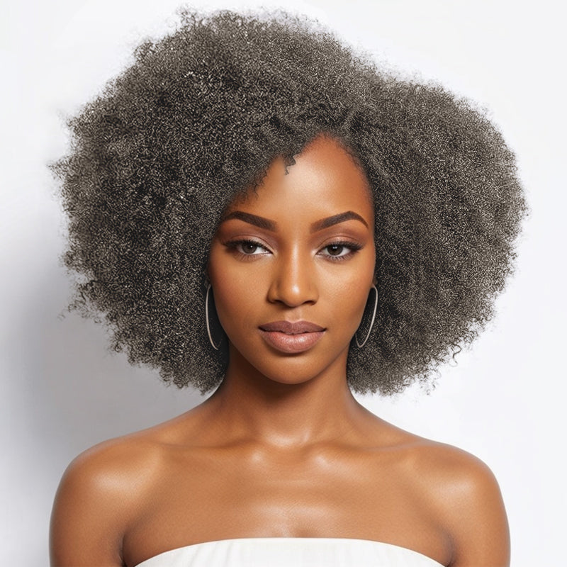 Vintage Design | Salt and Pepper Side Part Afro Curl Bouncy Glueless W ...