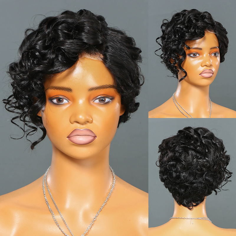 LinktoHair Short Pixie Natural Black Curly Hair Wigs Human Hair Wigs f